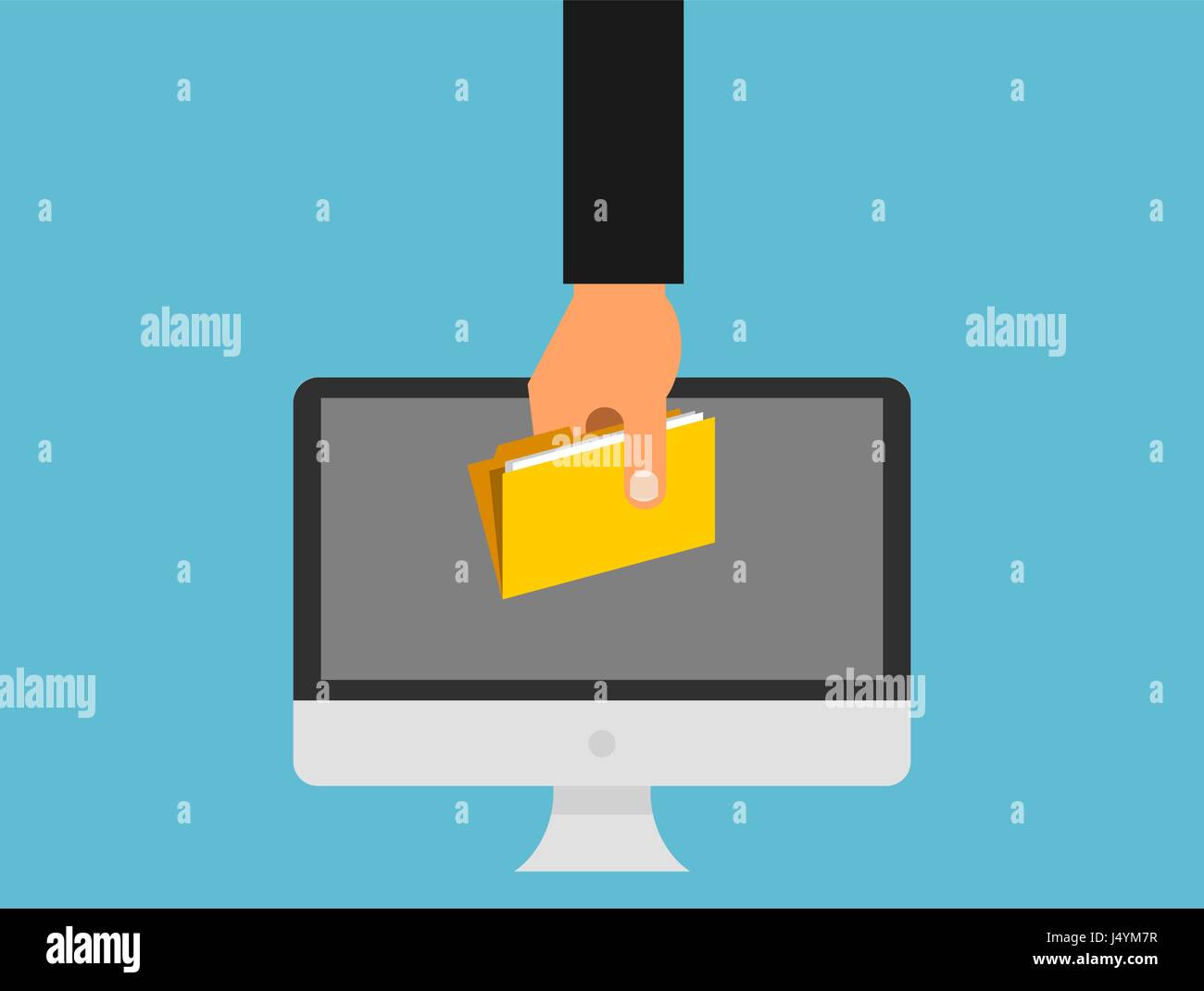 Stealing information from the computer. A hand is taking away folder ...