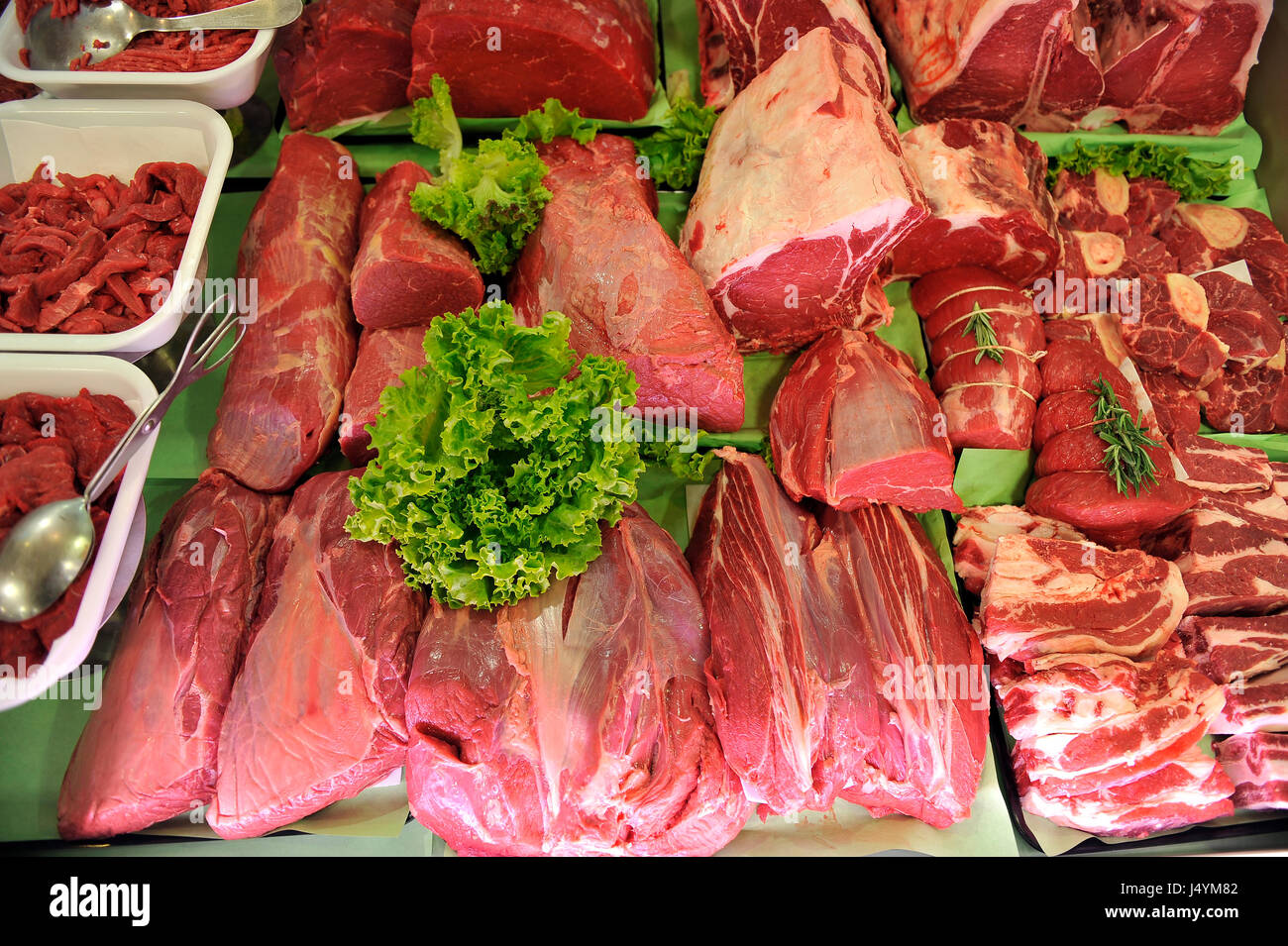 Beef steak red meat on display in a butchers shop Stock Photo - Alamy