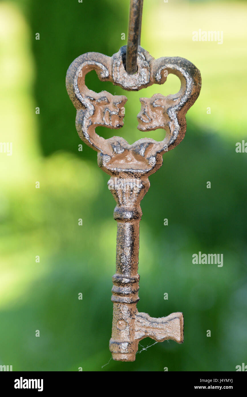 Ancient key on green background Stock Photo - Alamy