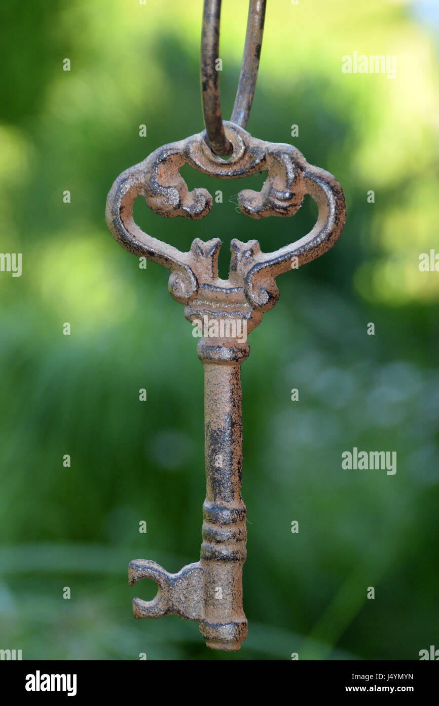 Ancient key on green background Stock Photo - Alamy