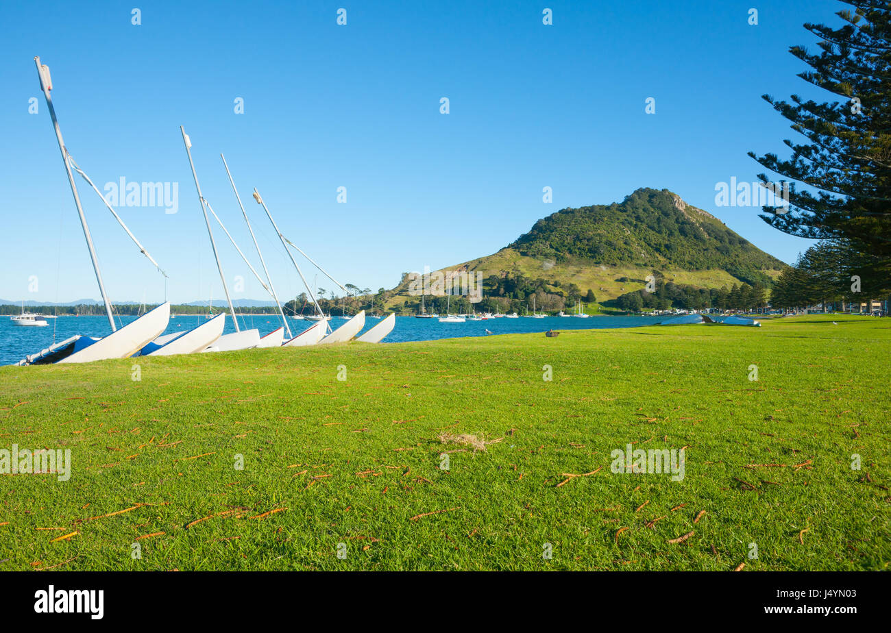 Pilot Bay with catamarans pulled up on edge and landmark Mount ...