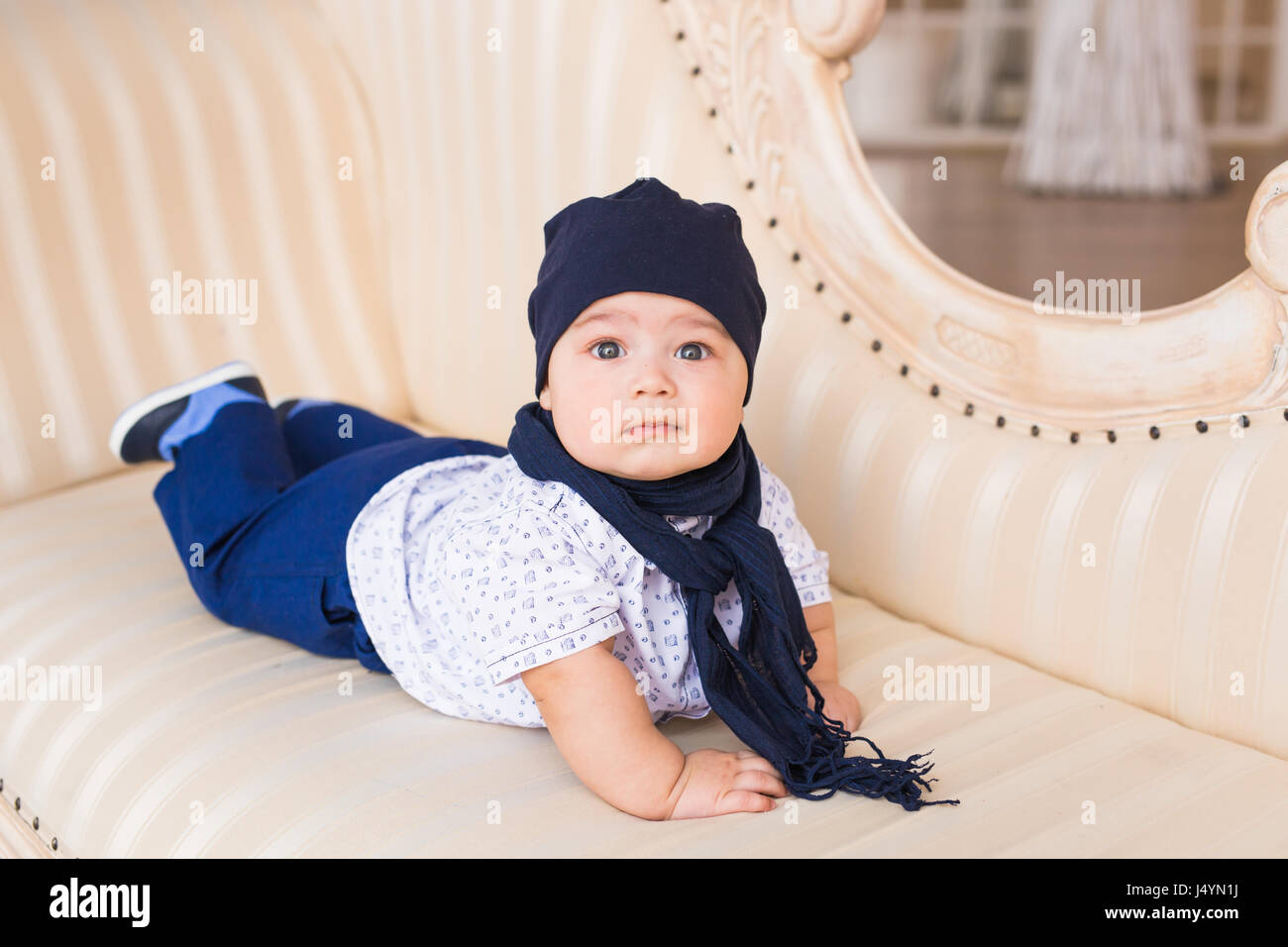 Child, childhood and infant concept - close-up of happy little baby boy ...