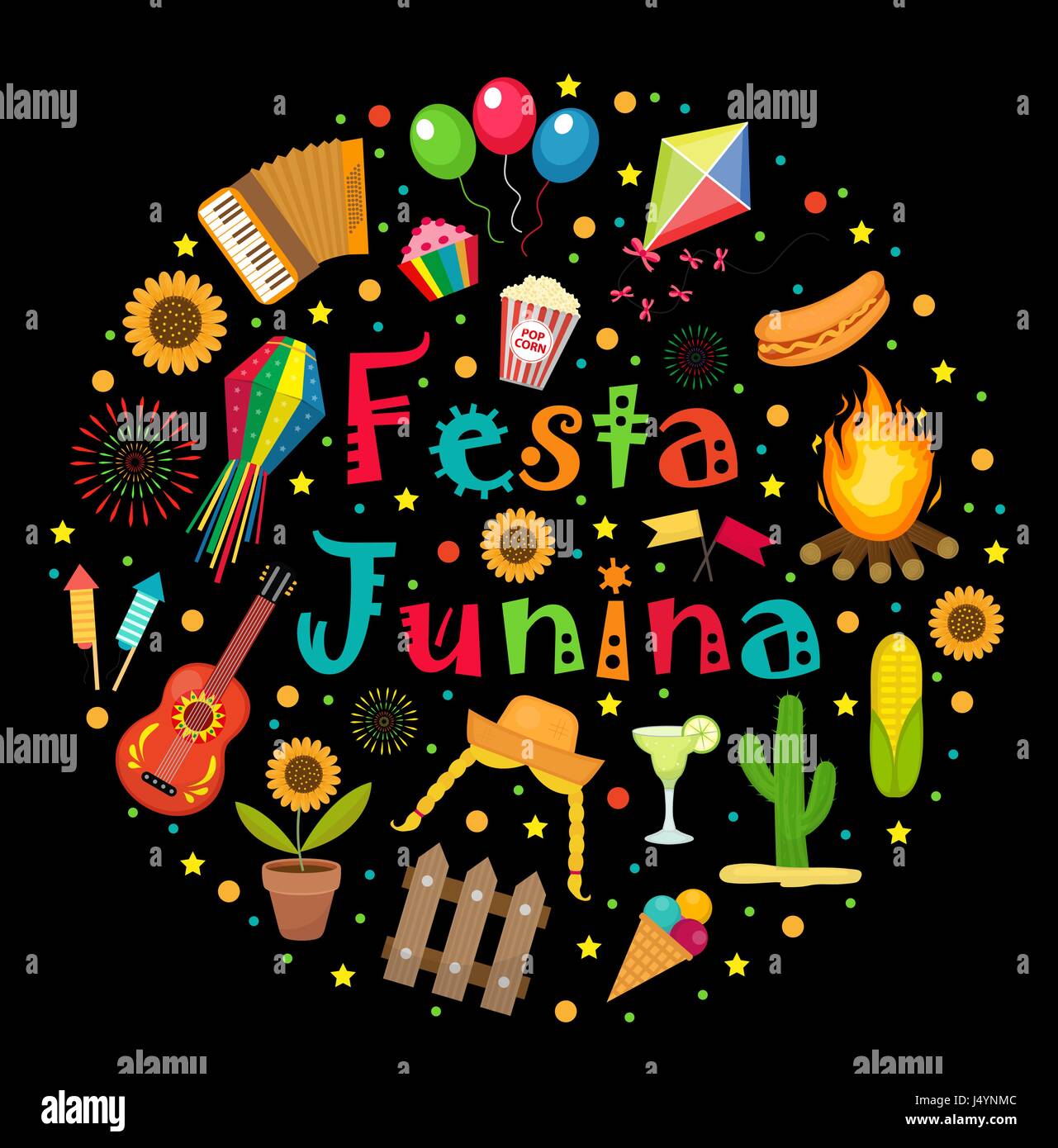 Festa Junina set of icons in a round shape. Brazilian Latin American ...