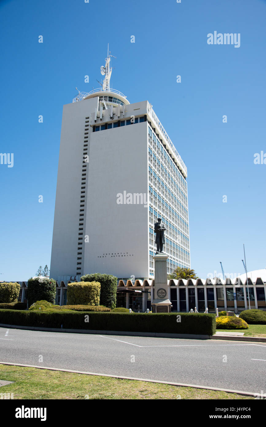 White, modern Port Authority building with C.Y. O'Connor statue ...