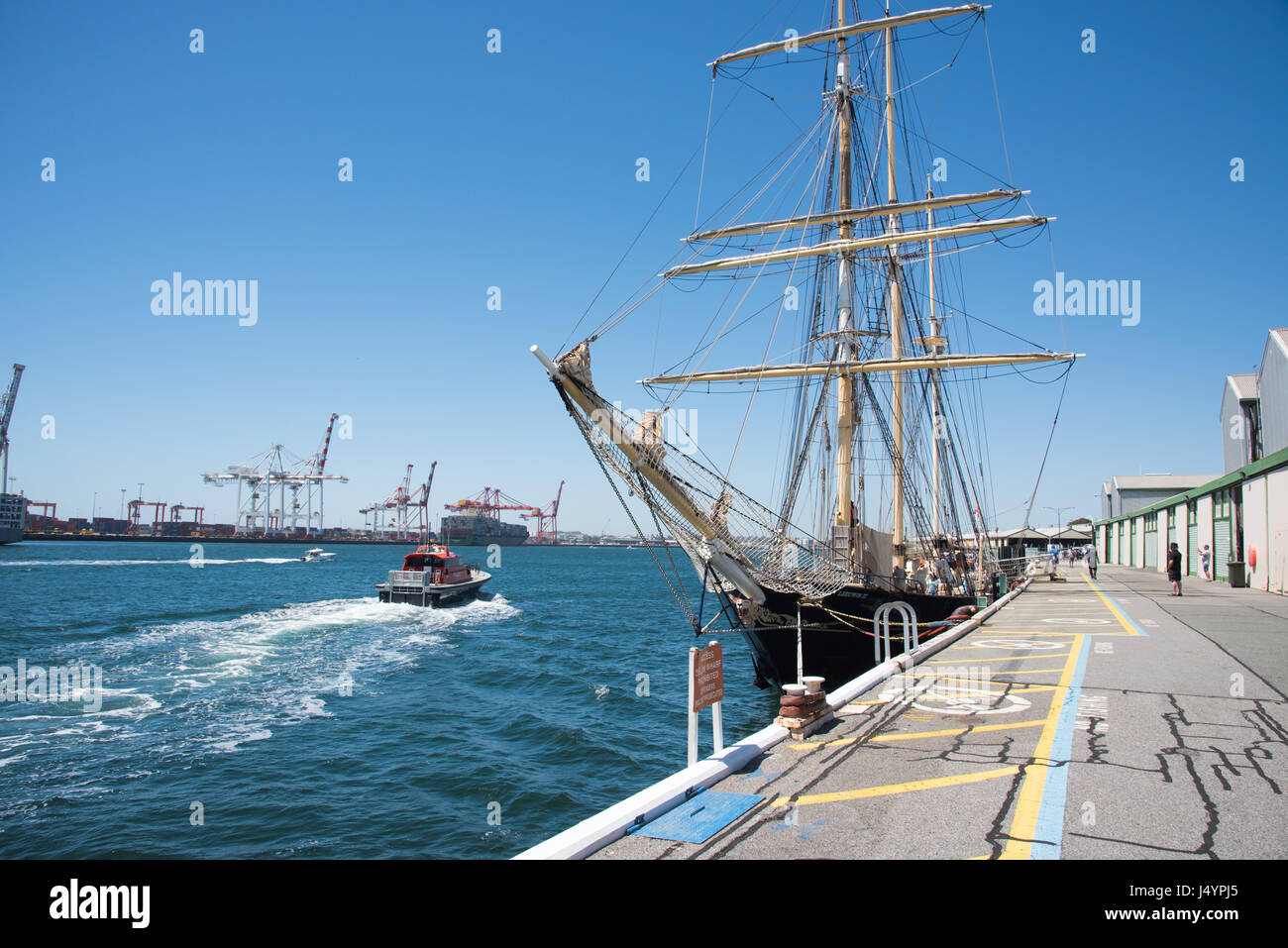 Boat, SS Leeuwin II tall ship, commercial dock, cranes and warehousing ...