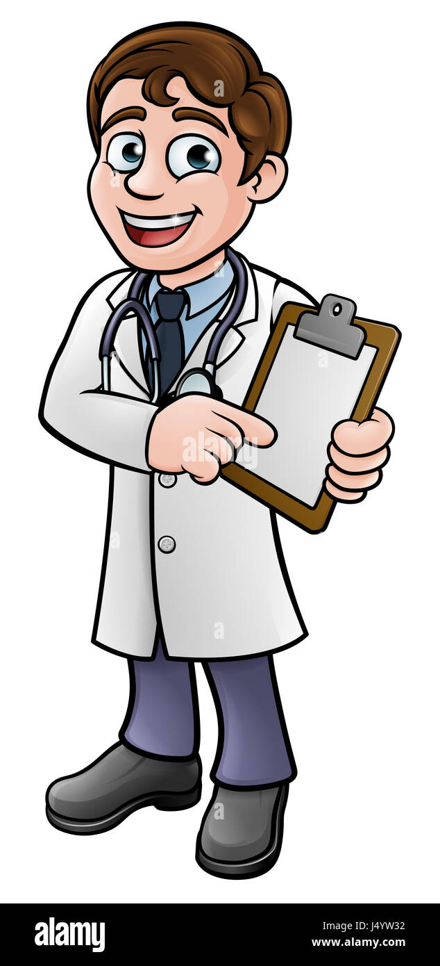 A doctor cartoon character holding a clip board and pointing at it ...