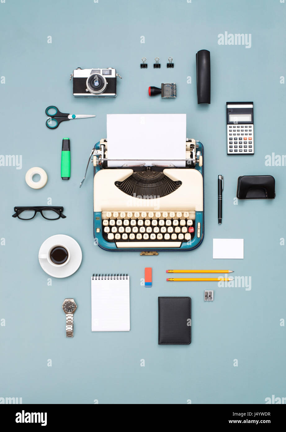 top view retro typewriter items cloud Stock Photo - Alamy