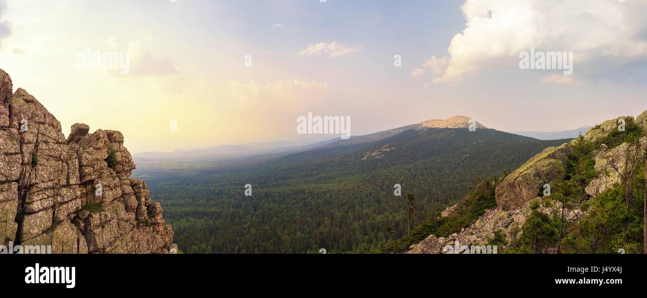 Panoramic view of the mountains and cliffs, South Ural. Summer in the ...