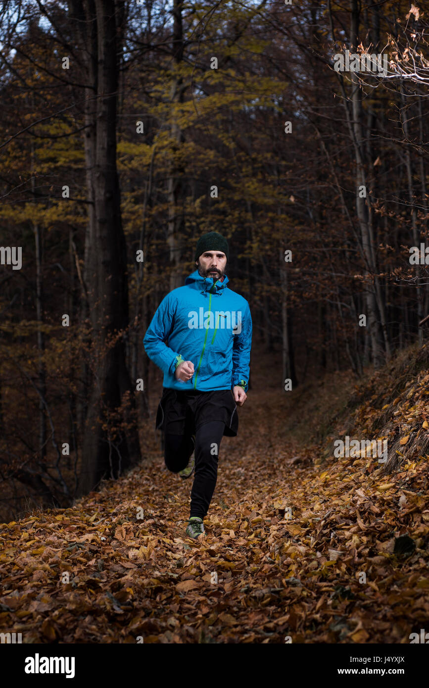 An adult man running in a forest trail in Jelenia Gora, Poland Stock ...