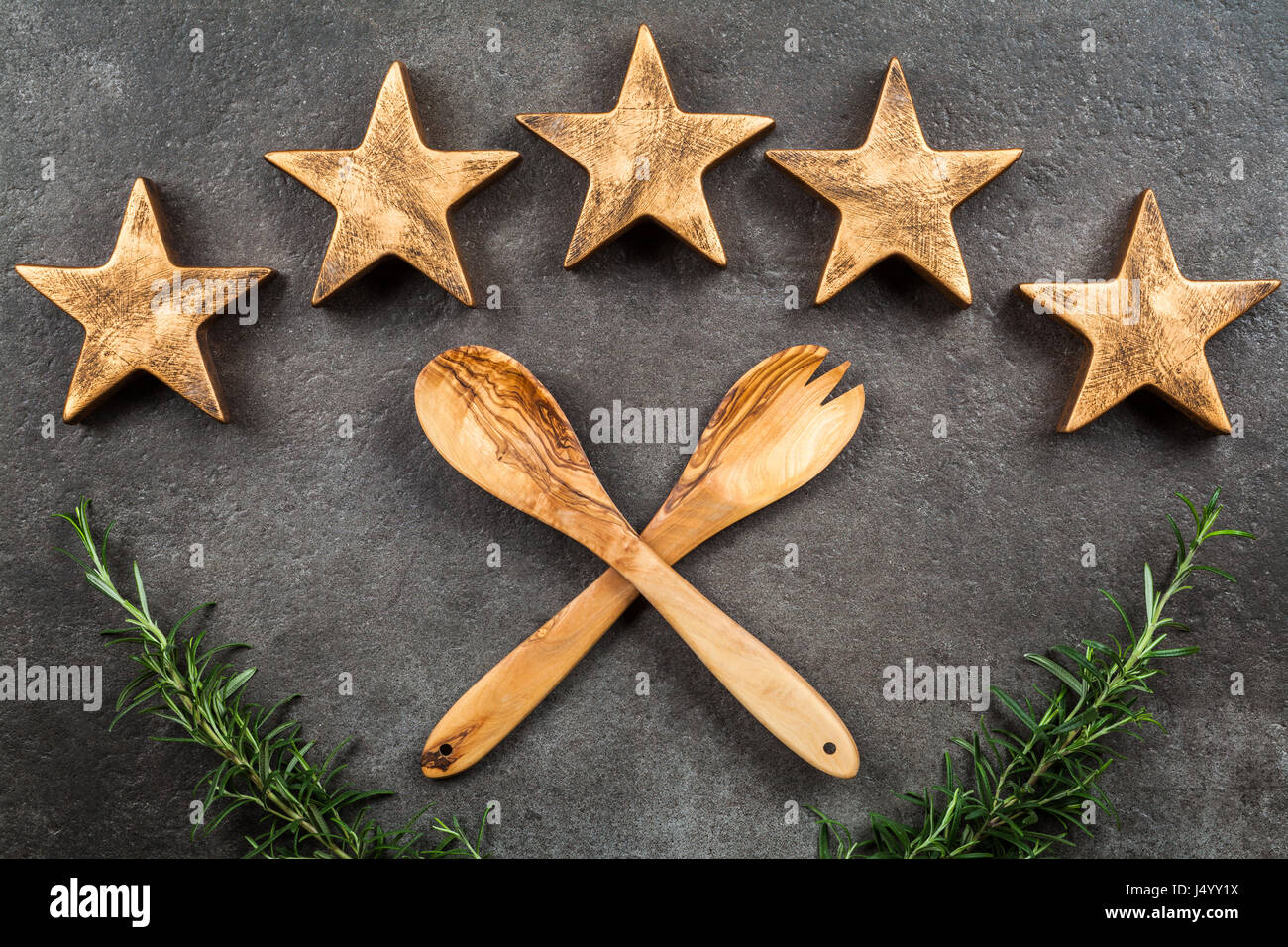 Five stars sign on dark background - restaurant quality concept Stock ...