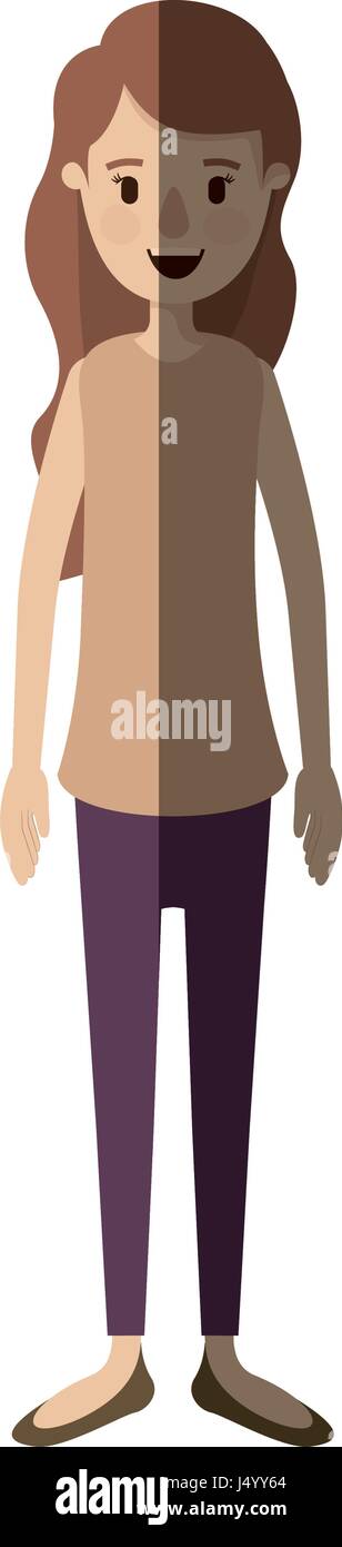 light color shading caricature full body woman with wavy long hair ...