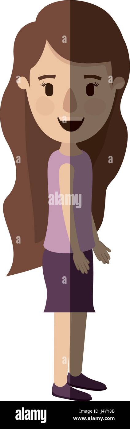 light color shading caricature full body woman with wavy long hair ...