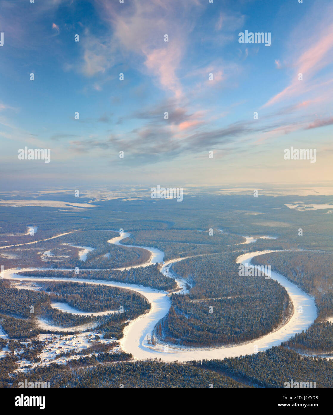 Small farm on the bank taiga river, top view Stock Photo - Alamy