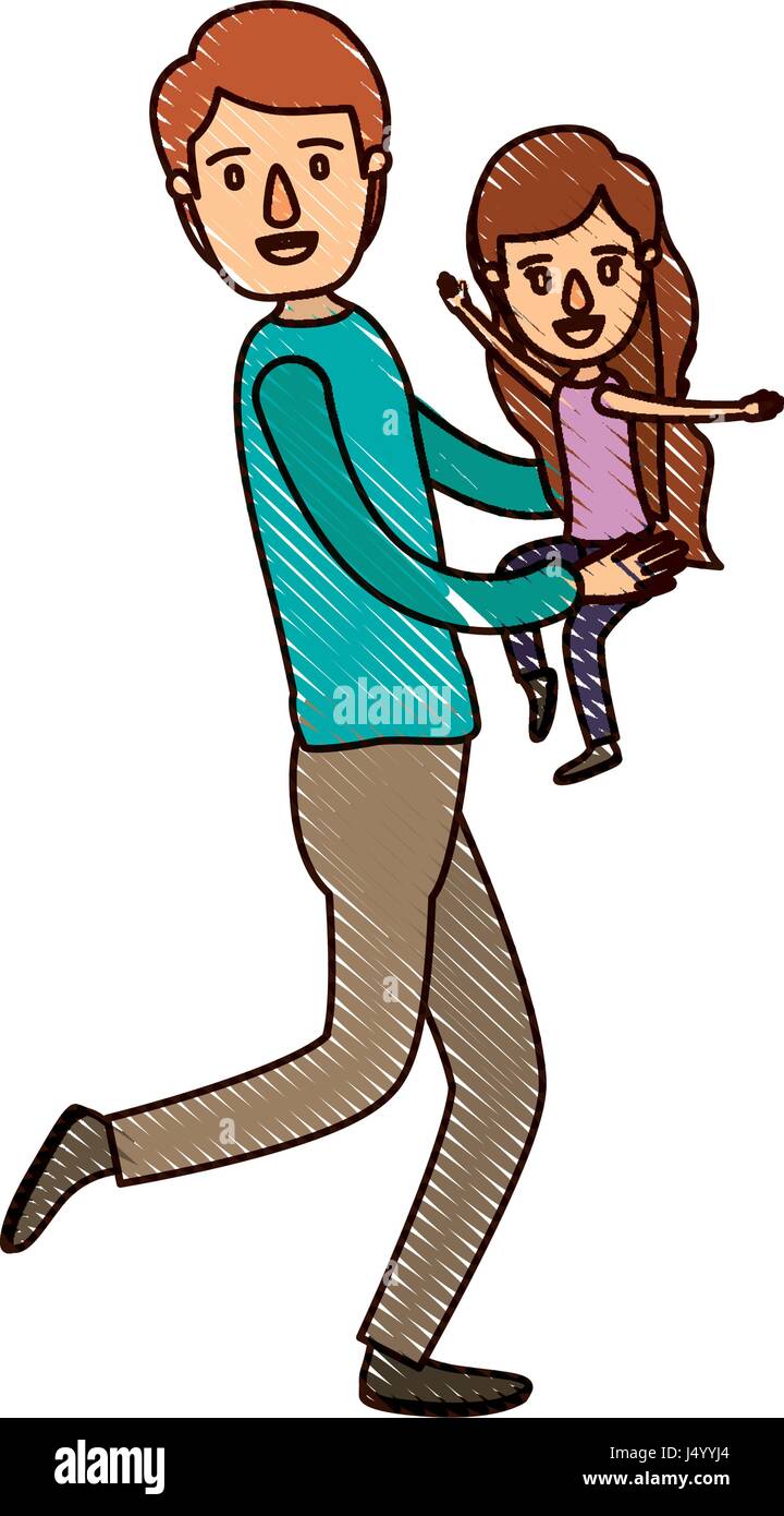 color crayon stripe cartoon full body man carrying a little girl Stock ...