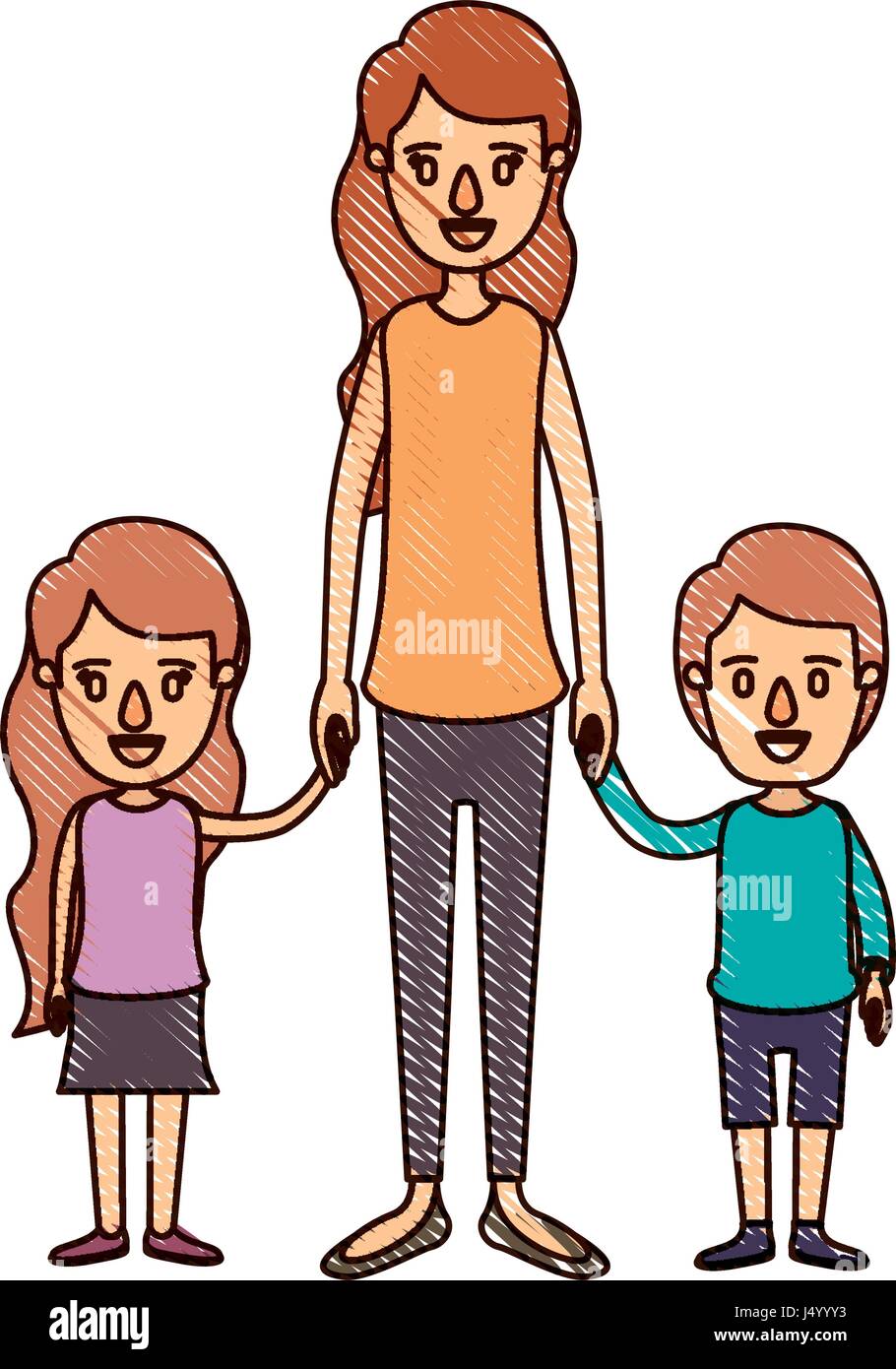 color crayon stripe cartoon full body mother taken hand with girl and ...