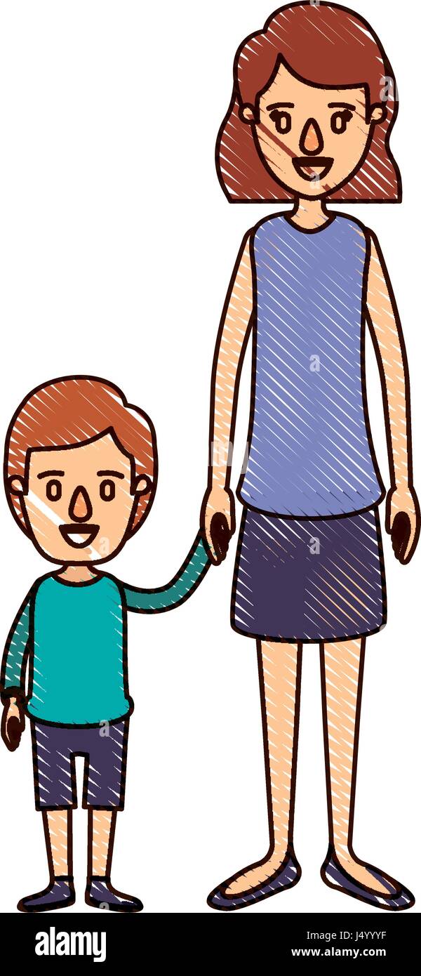 color crayon stripe cartoon full body mother taken hand with boy Stock ...