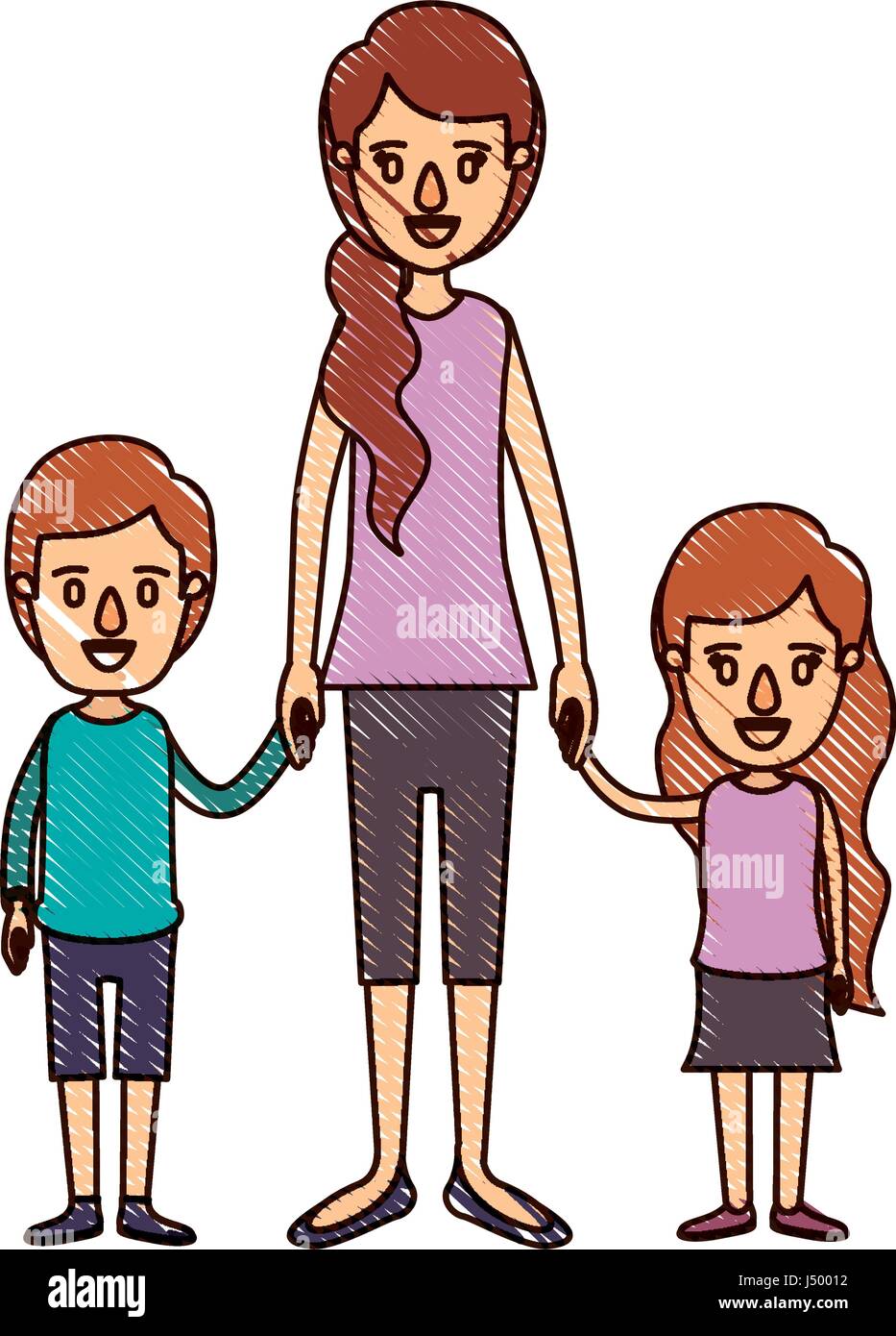 color crayon stripe cartoon full body mother taken hand with children ...
