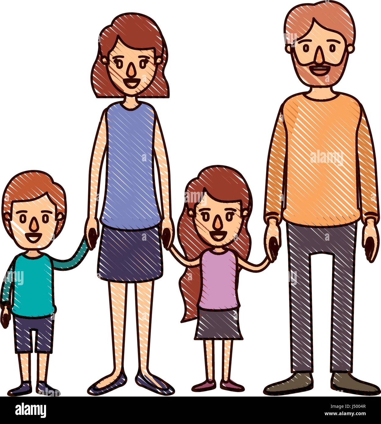 color crayon stripe cartoon family group with parents and little kids ...