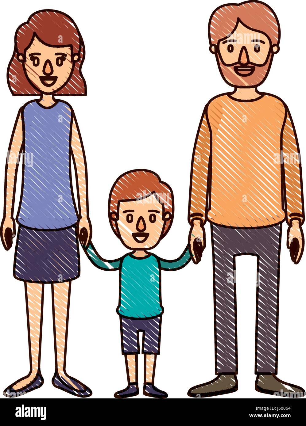 color crayon stripe cartoon family with father bearded and mom with ...