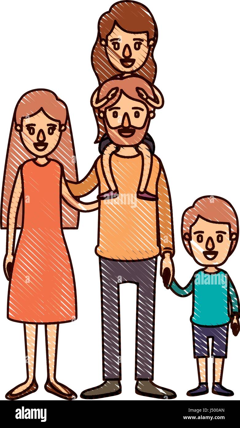 color crayon stripe cartoon family parents with girl on his back and ...