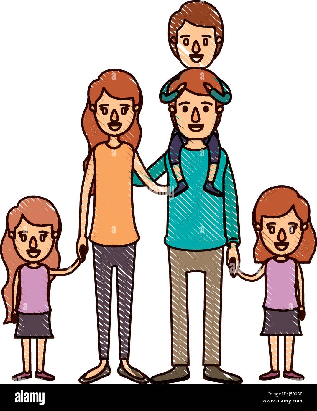 color crayon stripe cartoon big family parents with boy on his back and ...