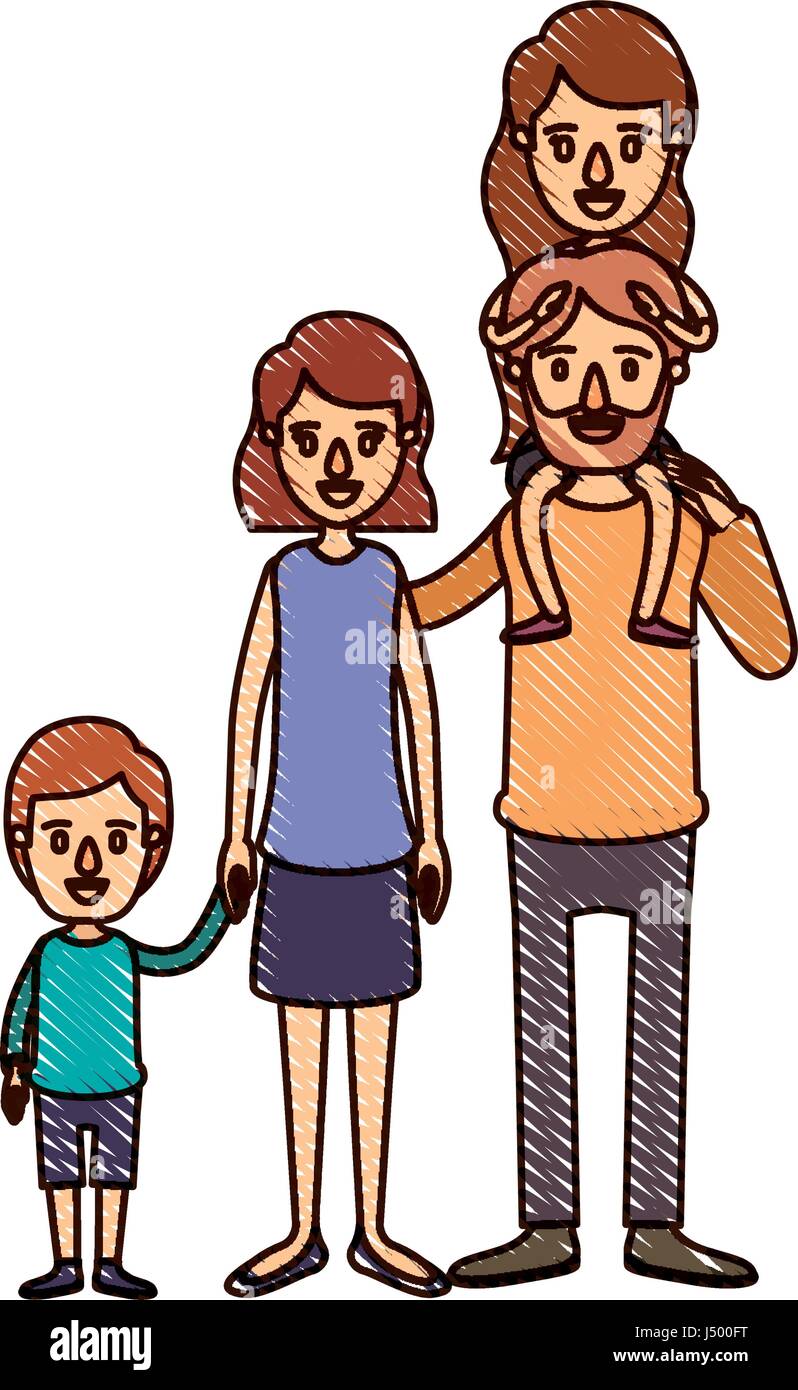 color crayon stripe cartoon big family parents with girl on his back ...