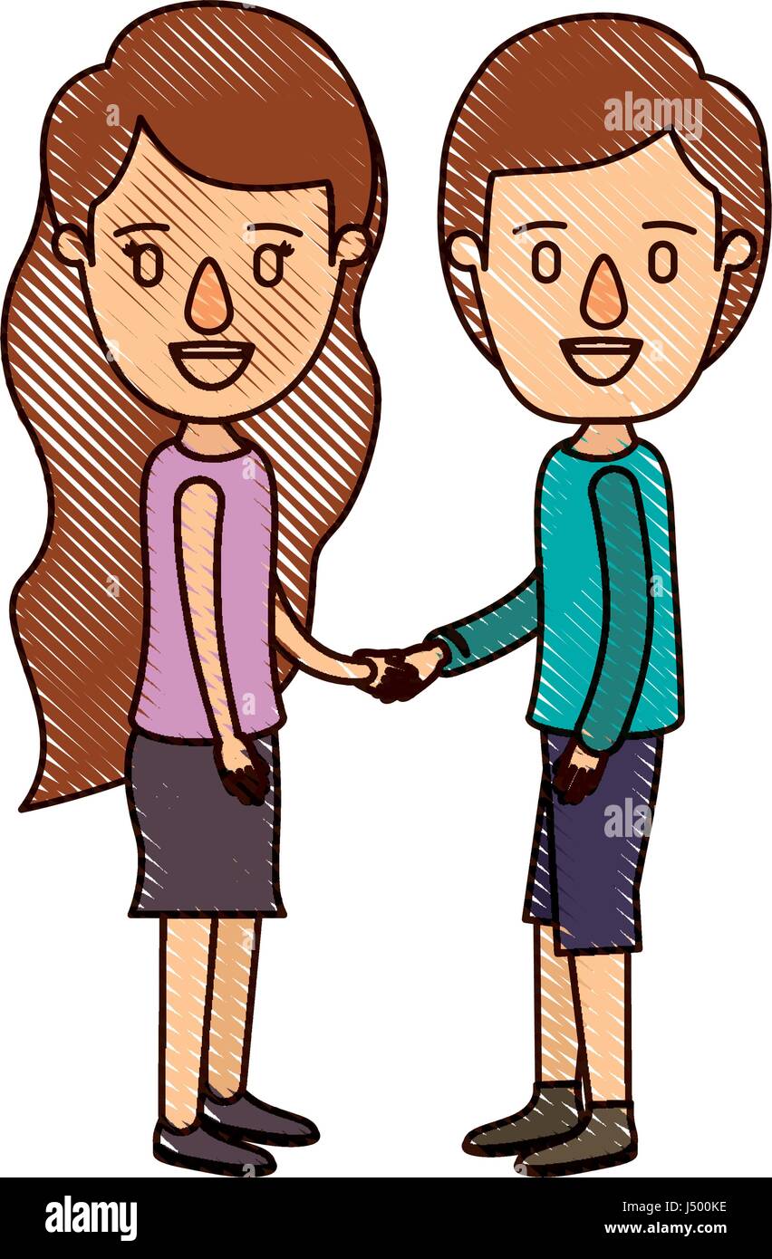 color crayon stripe cartoon side view full body couple in casual ...