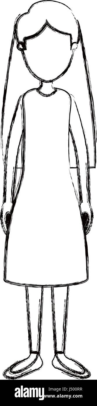 blurred silhouette cartoon full body faceless woman with long hair and ...