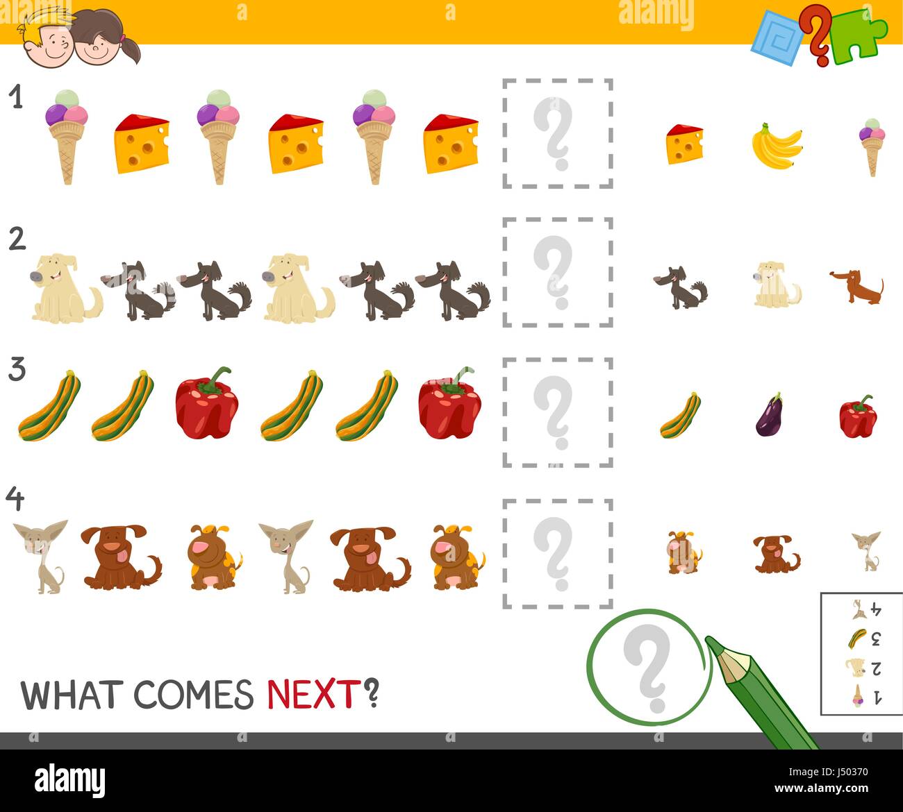 Cartoon Illustration of Completing the Pattern Educational Activity for ...