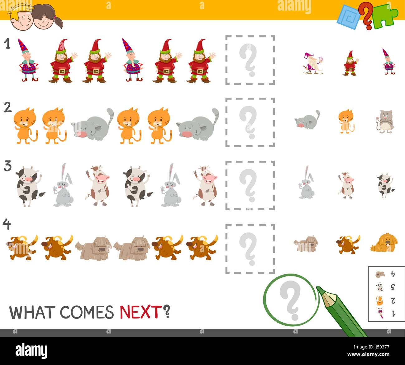 Cartoon Illustration of Completing the Pattern Educational Activity for ...