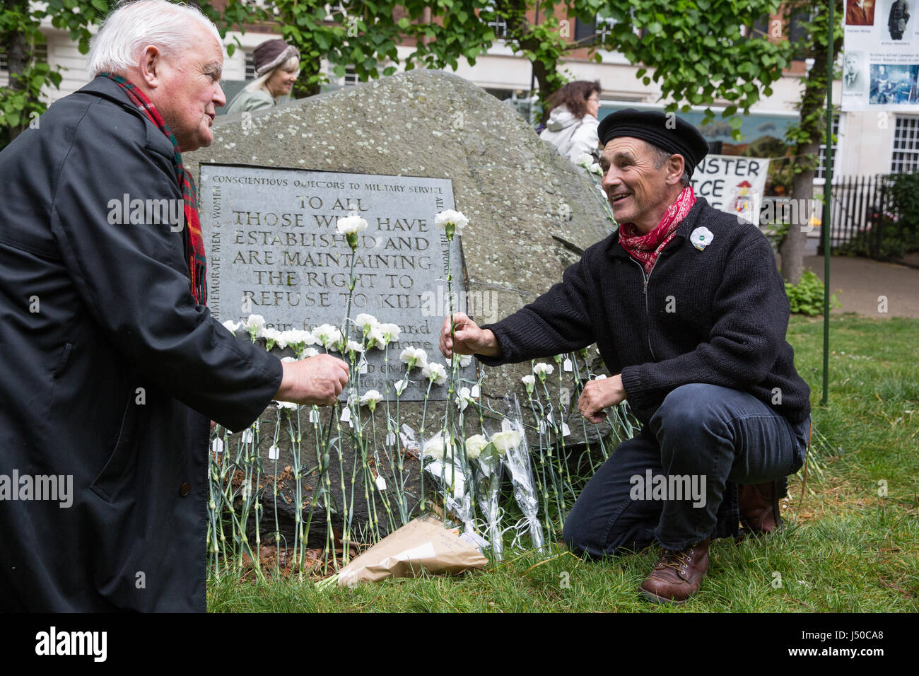 London, UK. 15th May, 2017. Bruce Kent and Sir Mark Rylance crouch ...