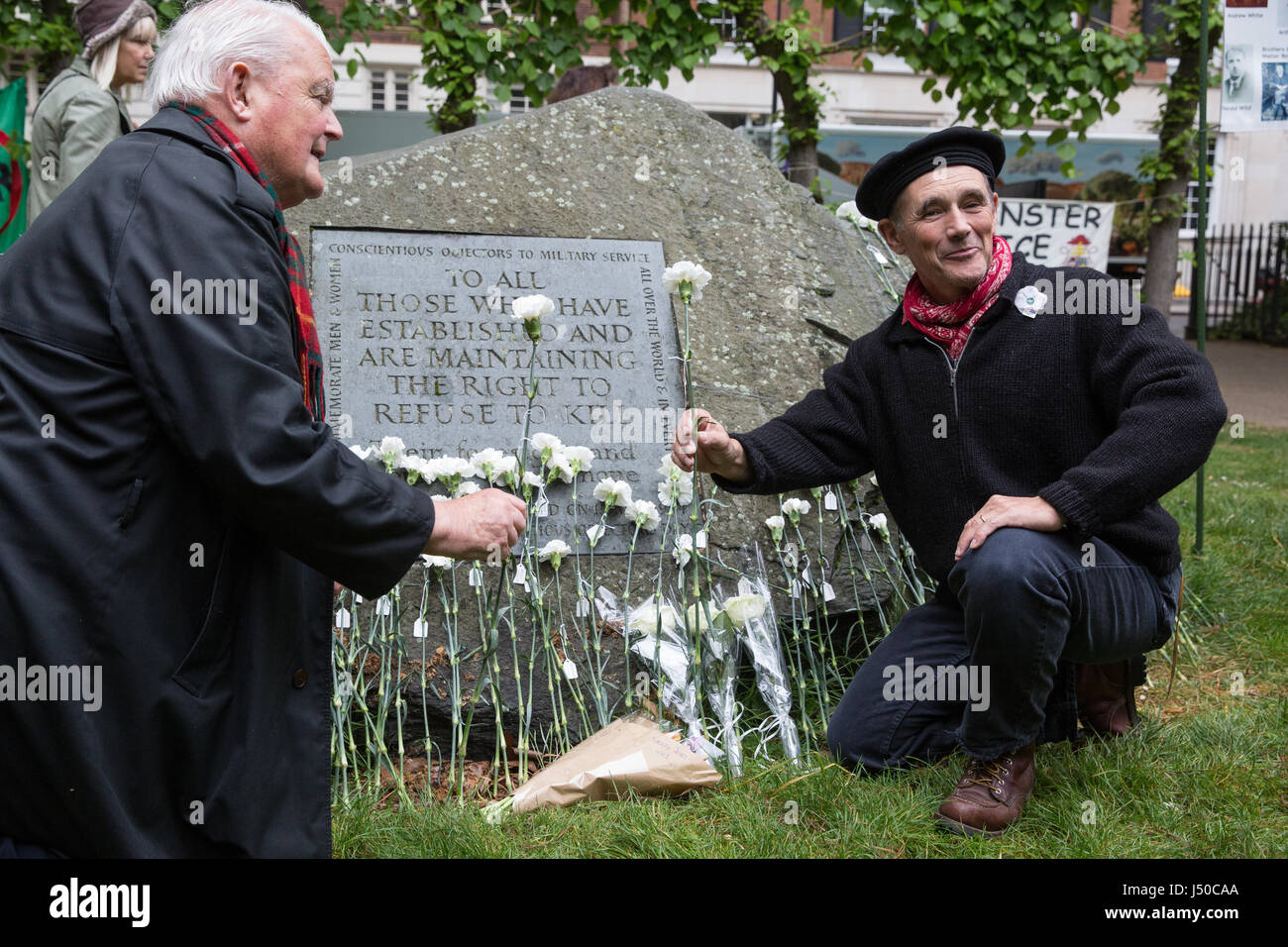 London, UK. 15th May, 2017. Bruce Kent and Sir Mark Rylance crouch ...