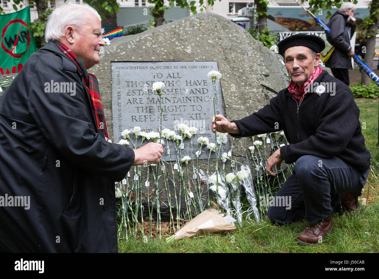 London, UK. 15th May, 2017. Bruce Kent and Sir Mark Rylance crouch ...