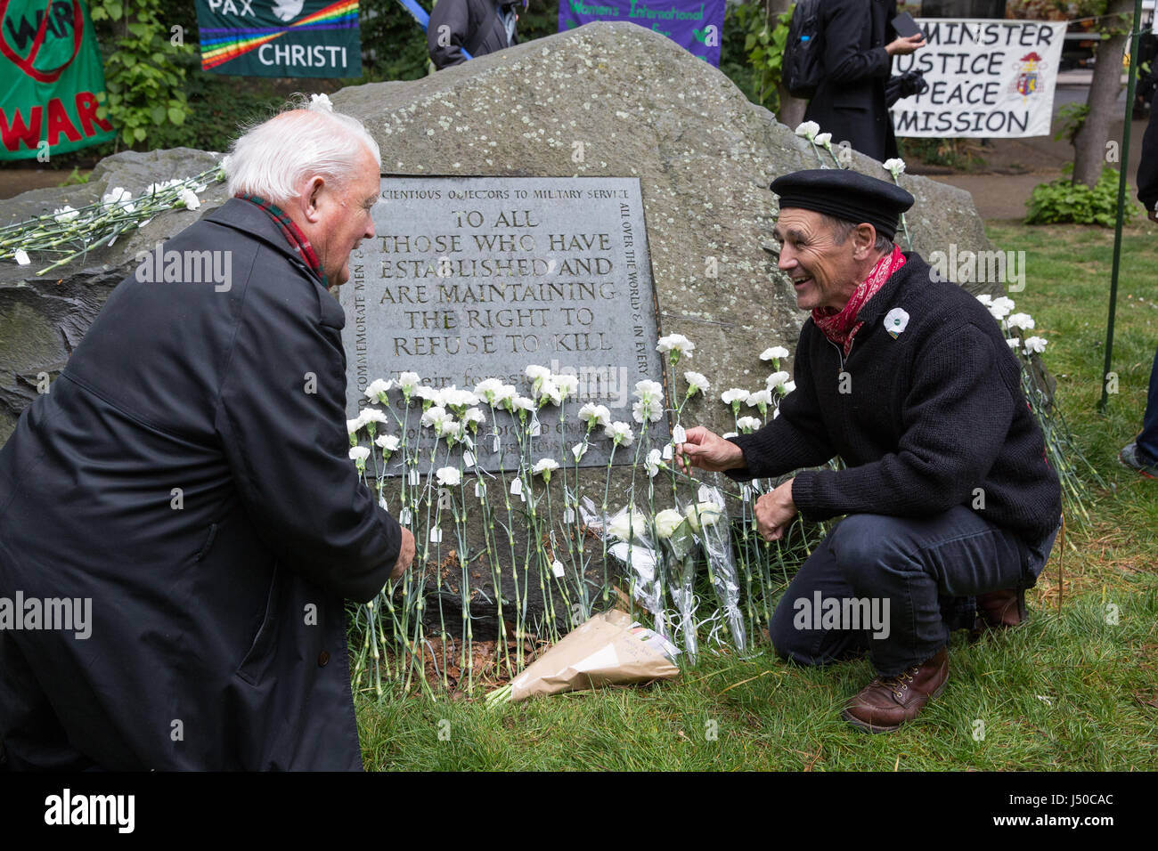 London, UK. 15th May, 2017. Bruce Kent and Sir Mark Rylance crouch ...