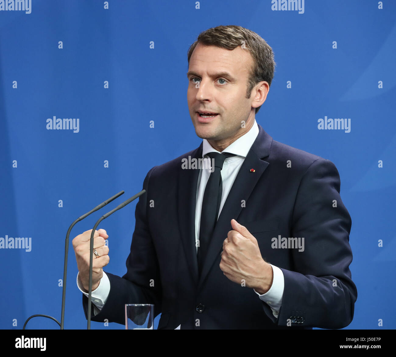 Berlin, Germany. 15th May, 2017. Visiting French President Emmanuel ...