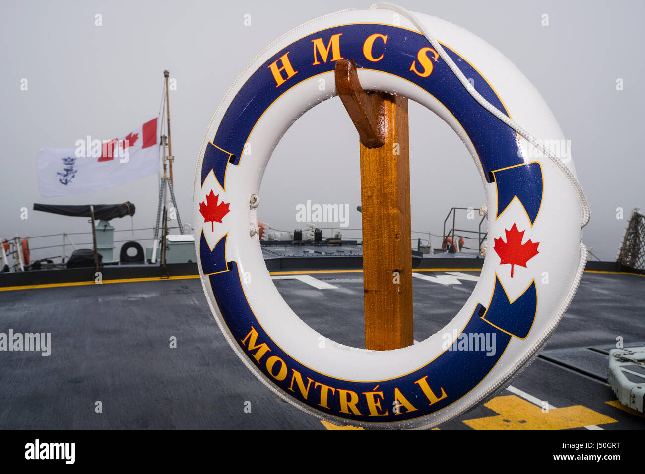 Royal Canadian Navy warship HMCS MONTREAL on a foggy and rainy day in ...