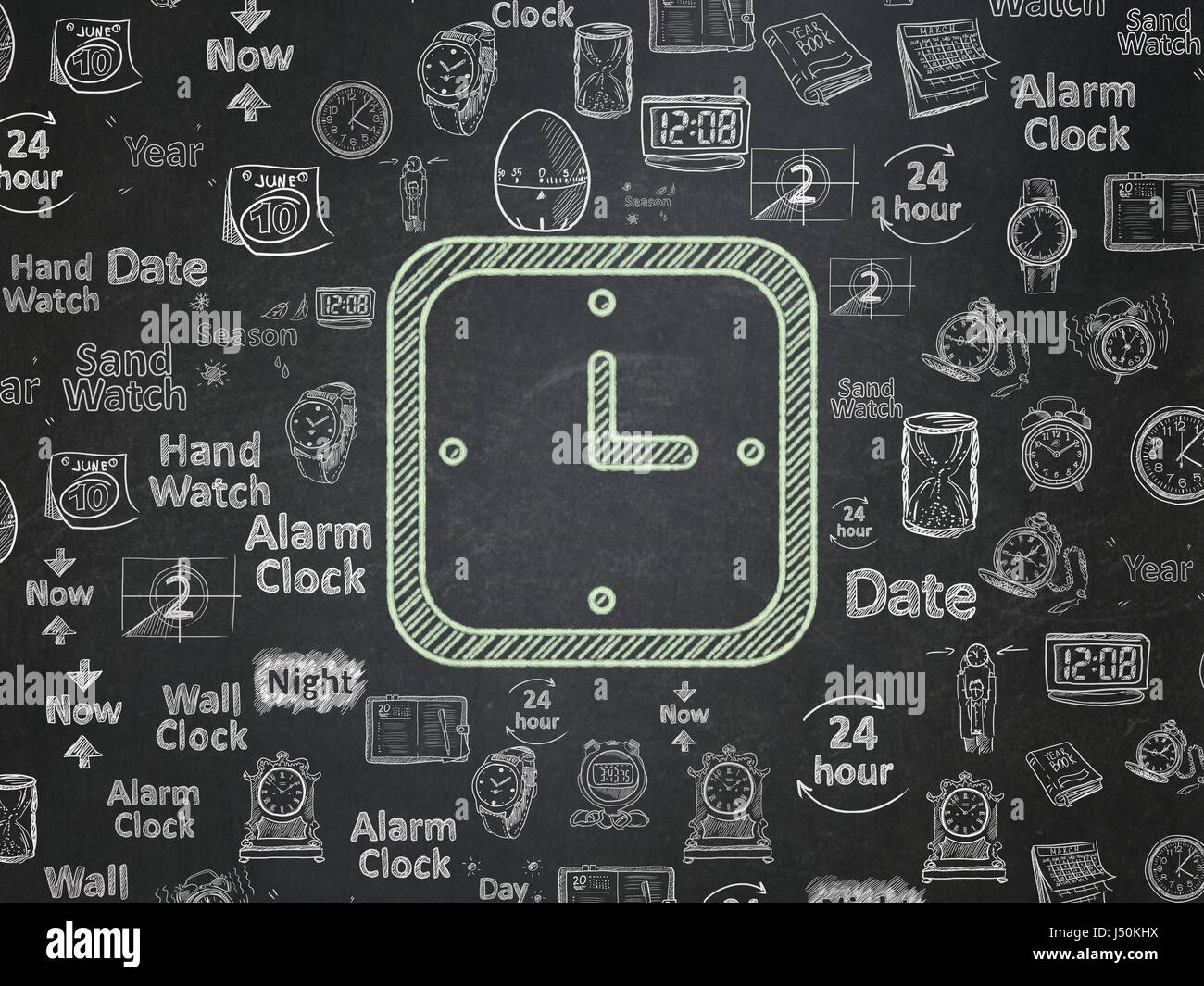 Timeline concept: Watch on School board background Stock Photo - Alamy
