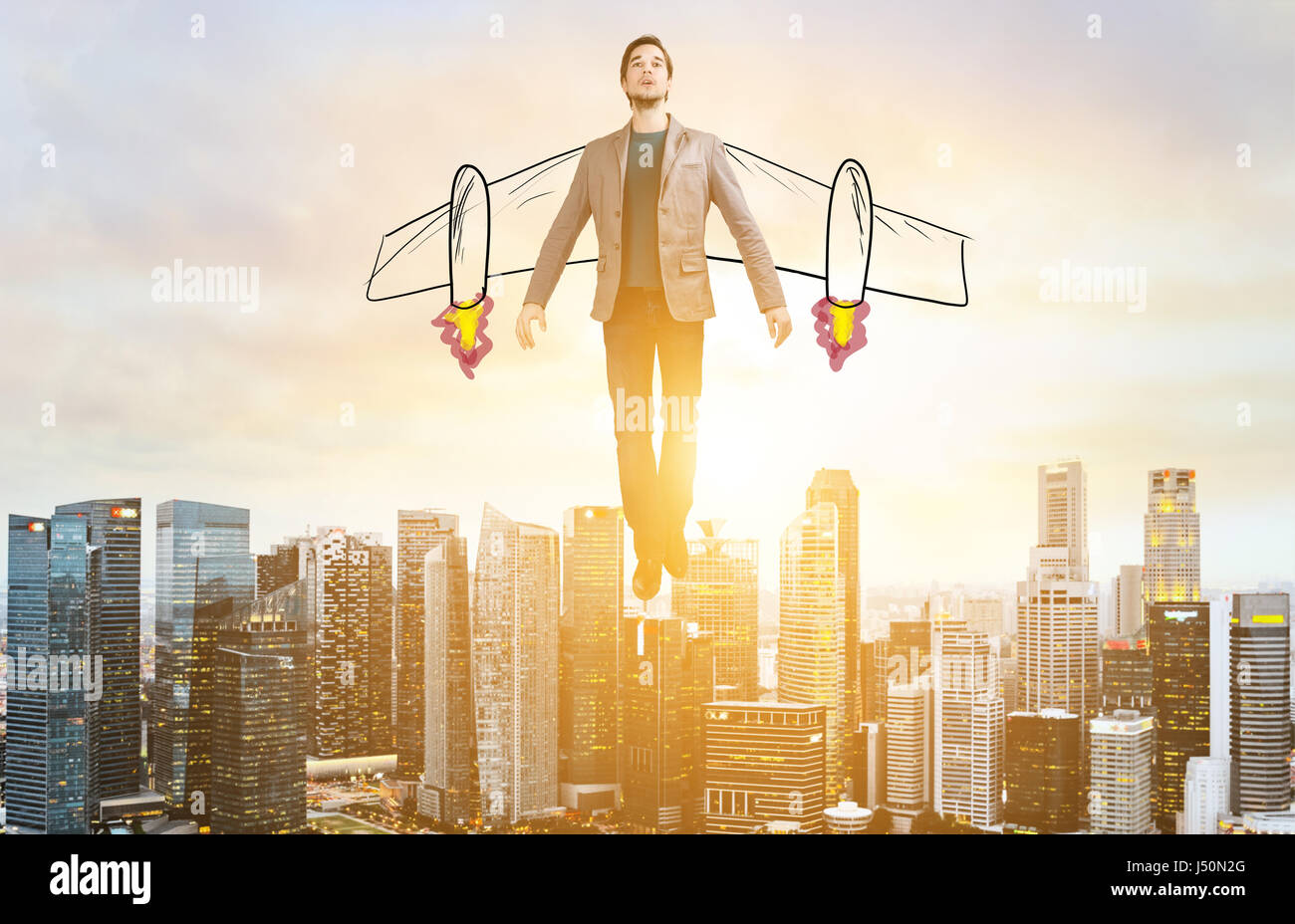 Business man hover over city skyline Stock Photo - Alamy