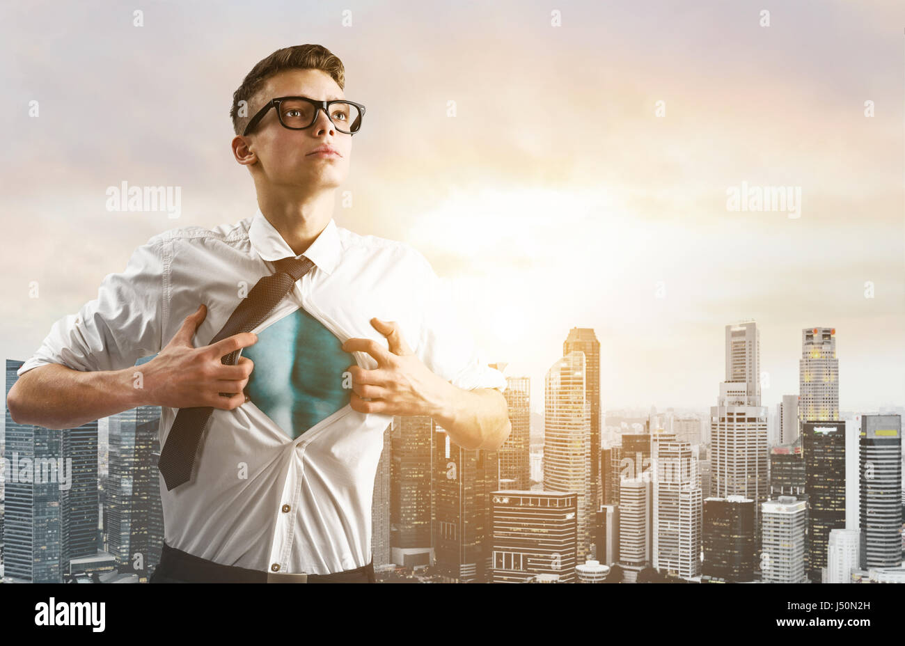 Business super hero hover over city skyline Stock Photo - Alamy