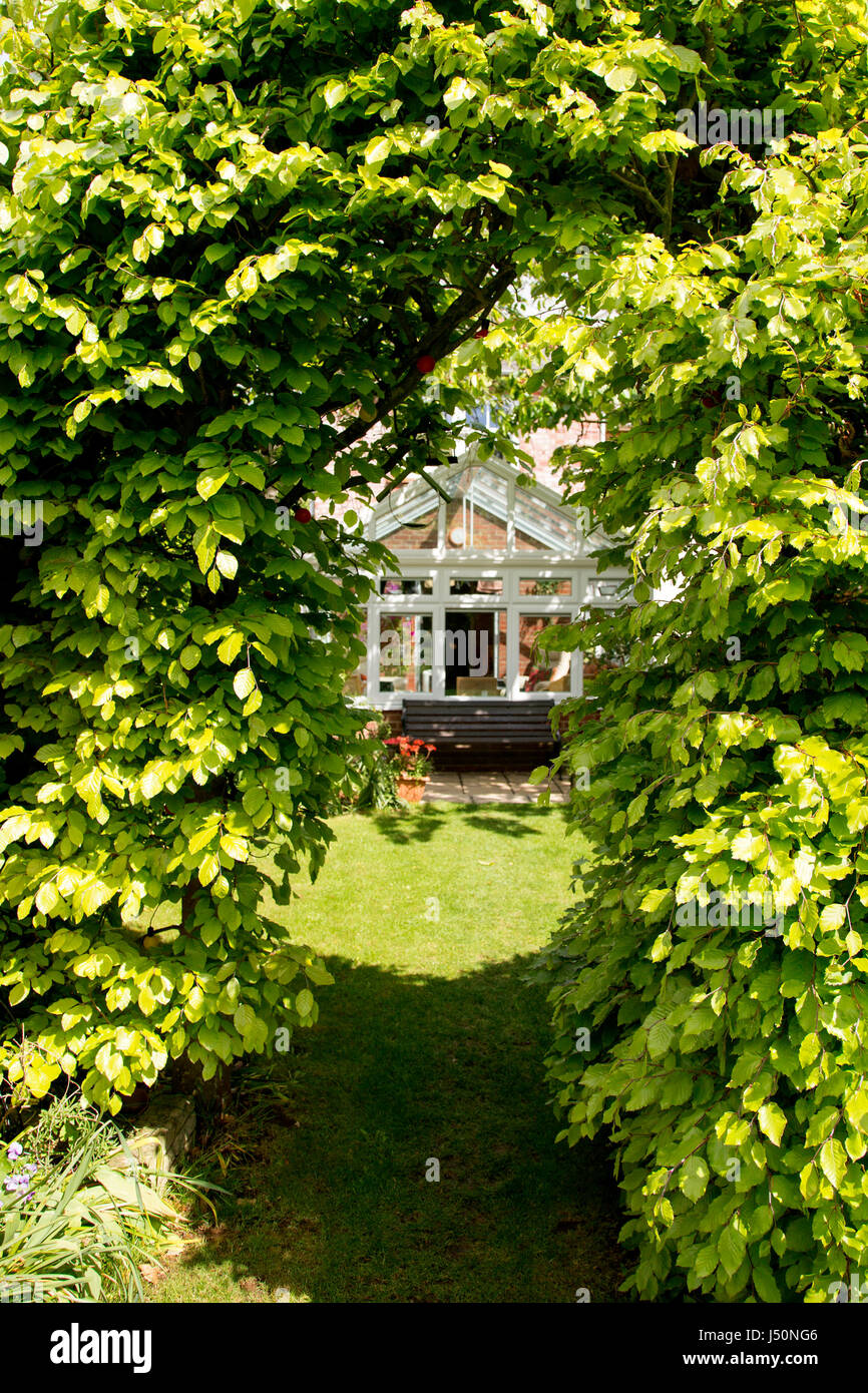 A distant view of a conservatory on a domestic dwelling seen through ...
