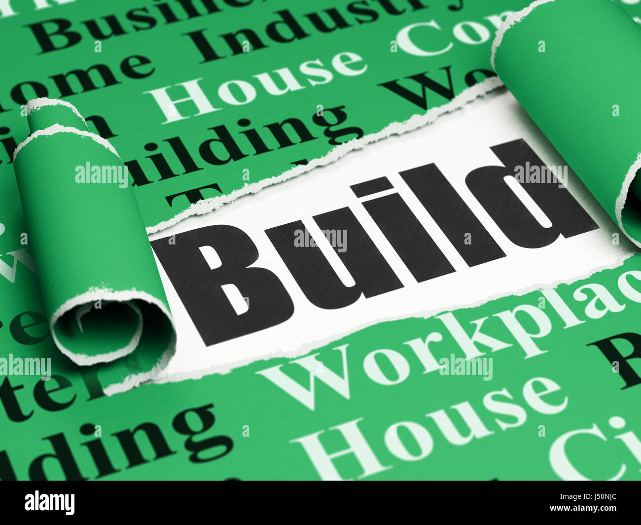 Construction concept: black text Build under the piece of torn paper ...