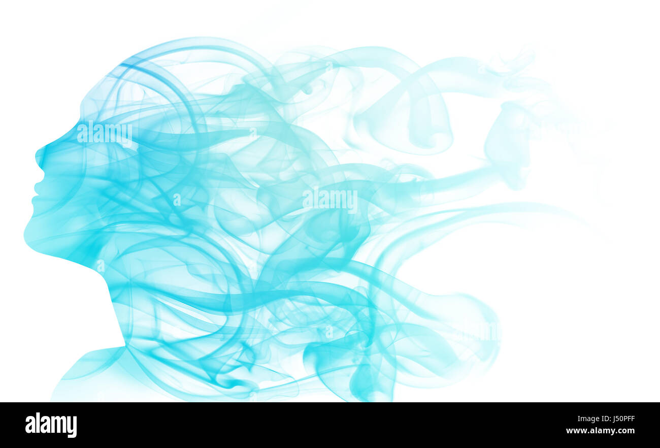 Double exposure portrait of woman's face and blue smoke Stock Photo - Alamy