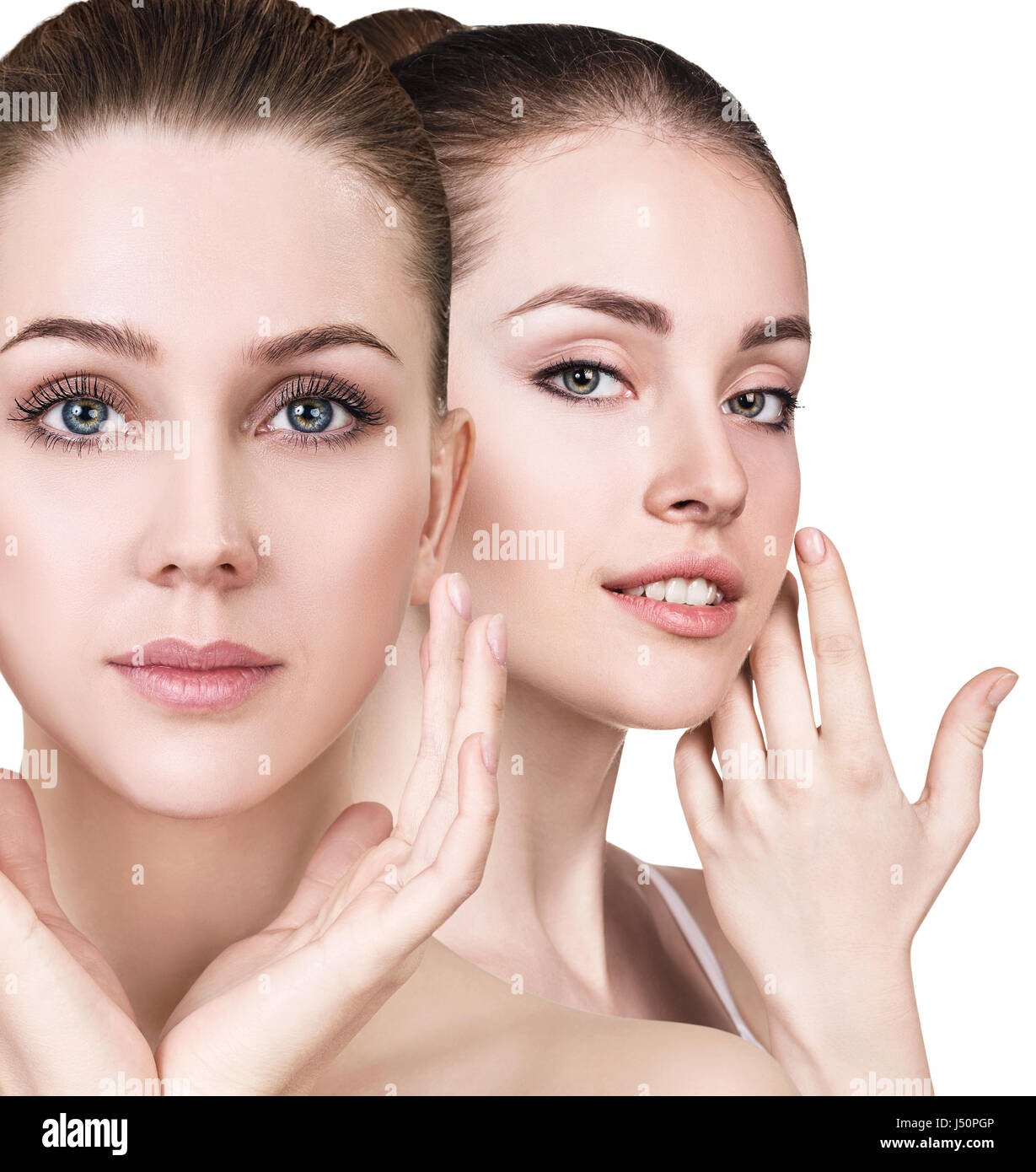 Collage of two young women with healthy clear skin Stock Photo - Alamy