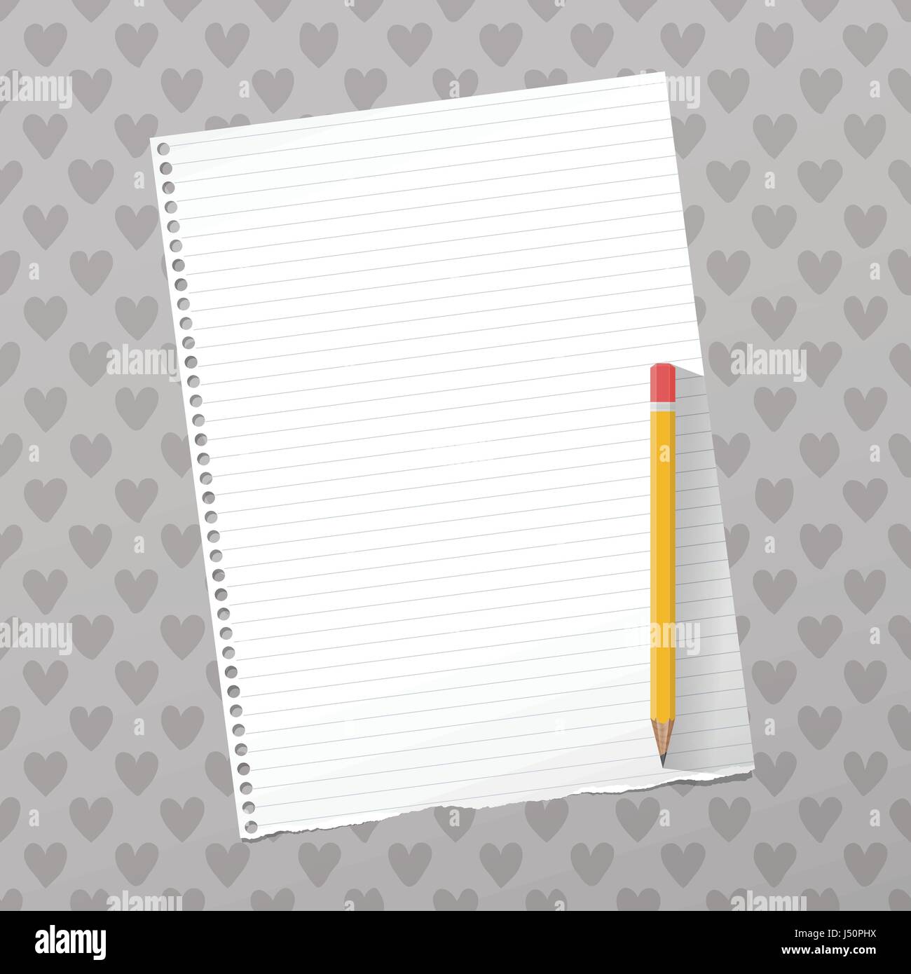 Ripped white notebook, copybook paper sheet, yellow pencil, on gray ...