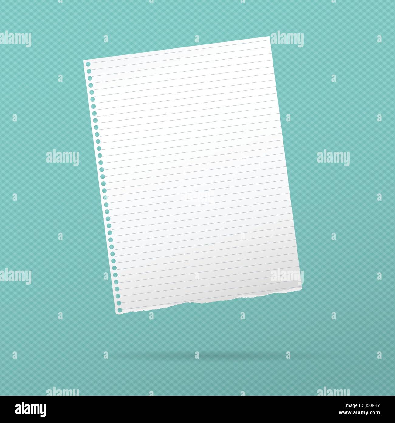 Ripped white notebook, copybook paper sheet with shadow on squared blue ...