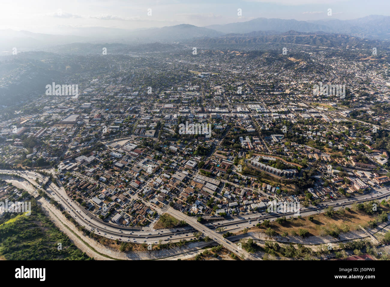 Aerial view of the Highland Park and the Pasadena 110 freeway in ...