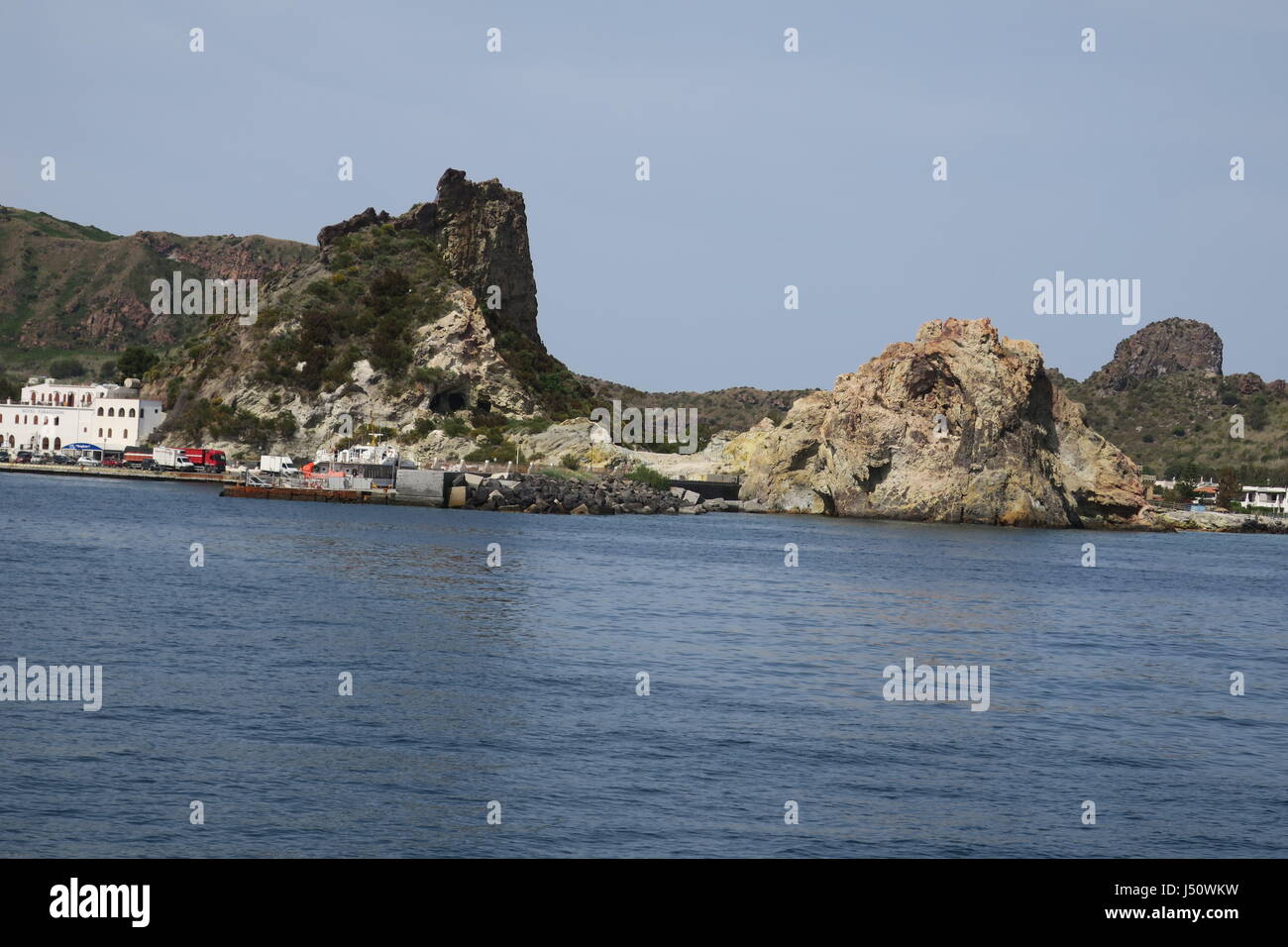 A peaceful settlement on Stromboli island. A view from a ship Stock ...