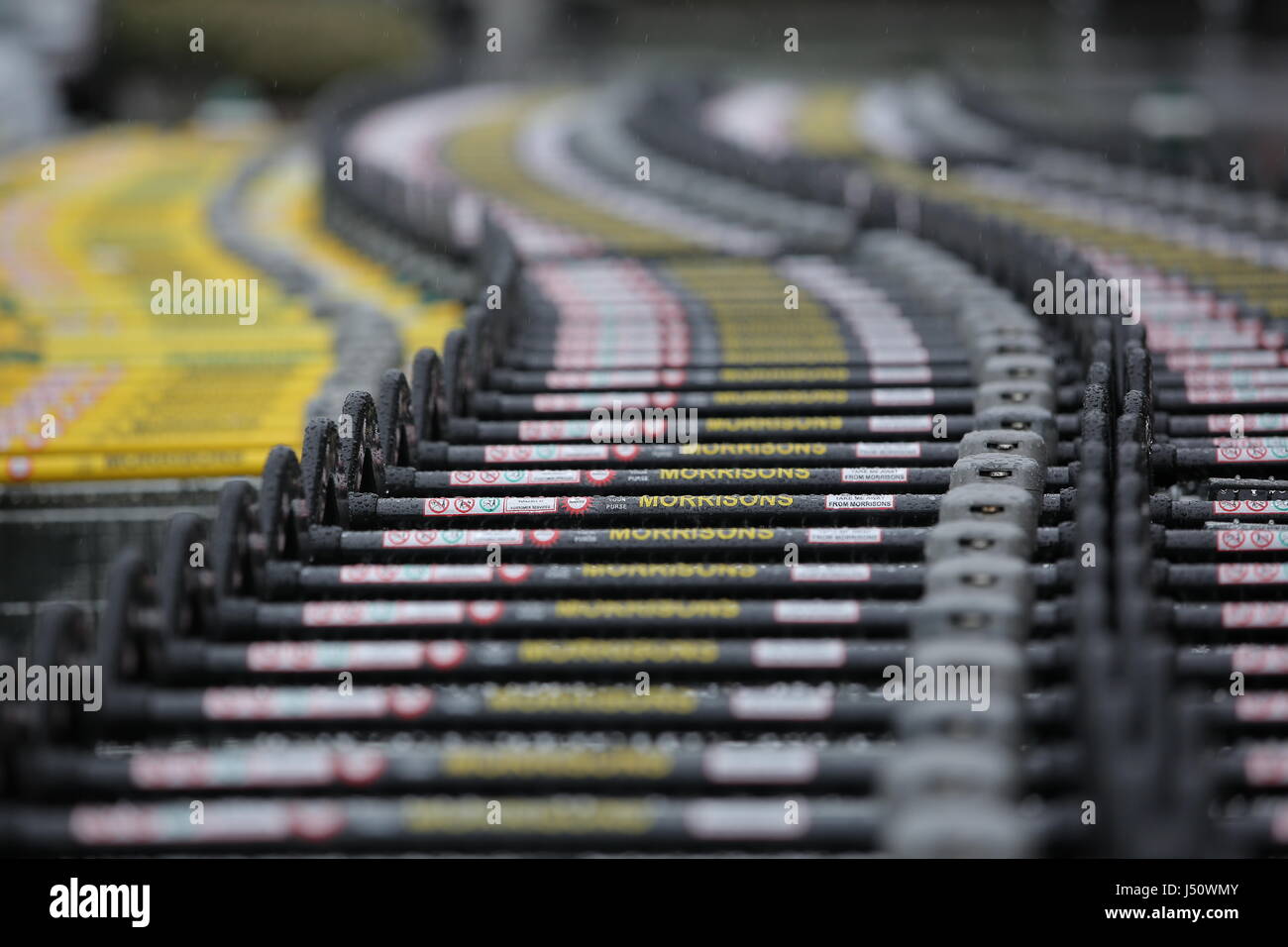 Shopping trolleys' handlebars and coin receivers at a Morrisons super ...