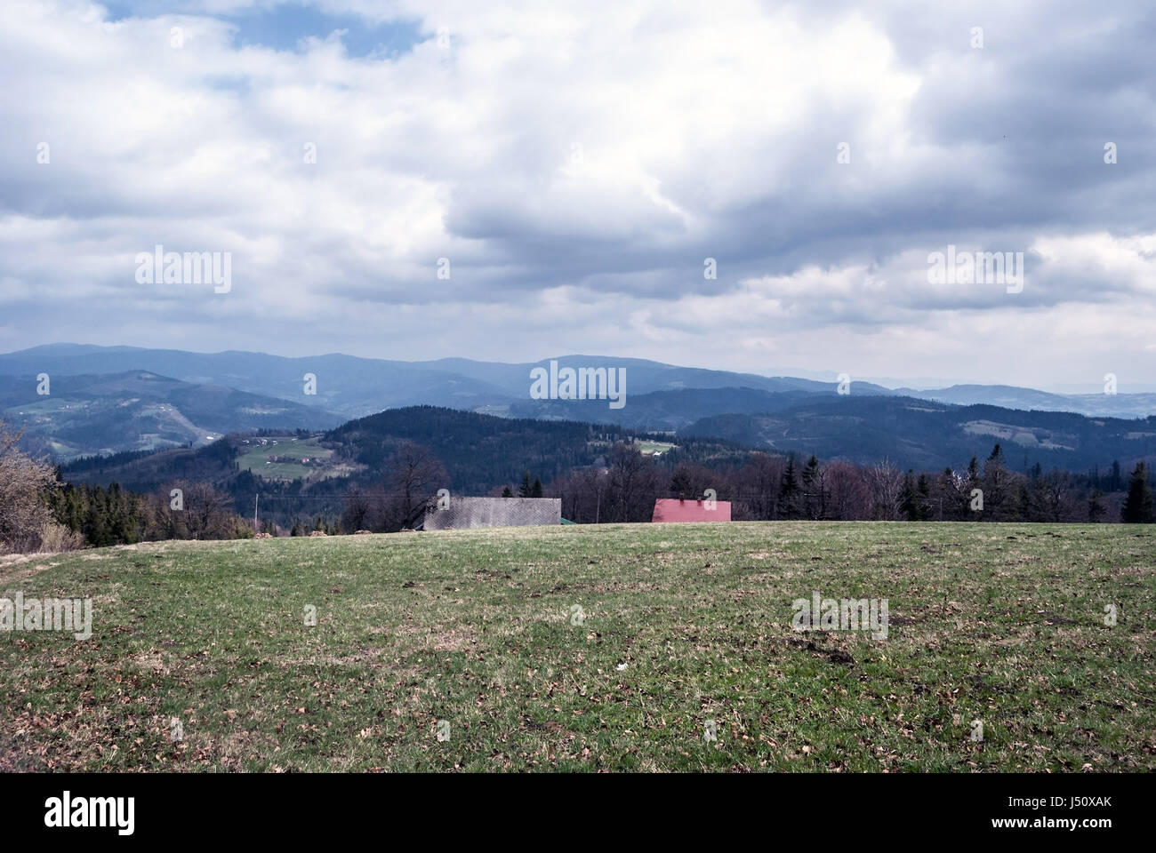 view from Cieslar hill on polish - czech borders in Silesian Beskids ...