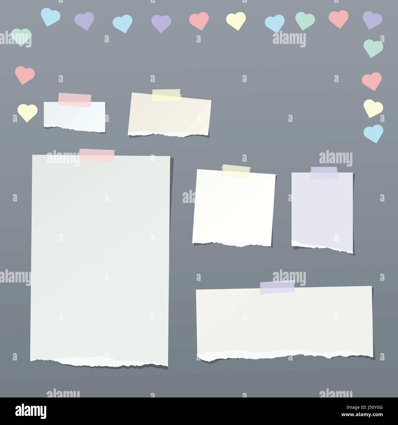 Pieces of ripped note, notebook, copybook paper strips, sheets stuck ...